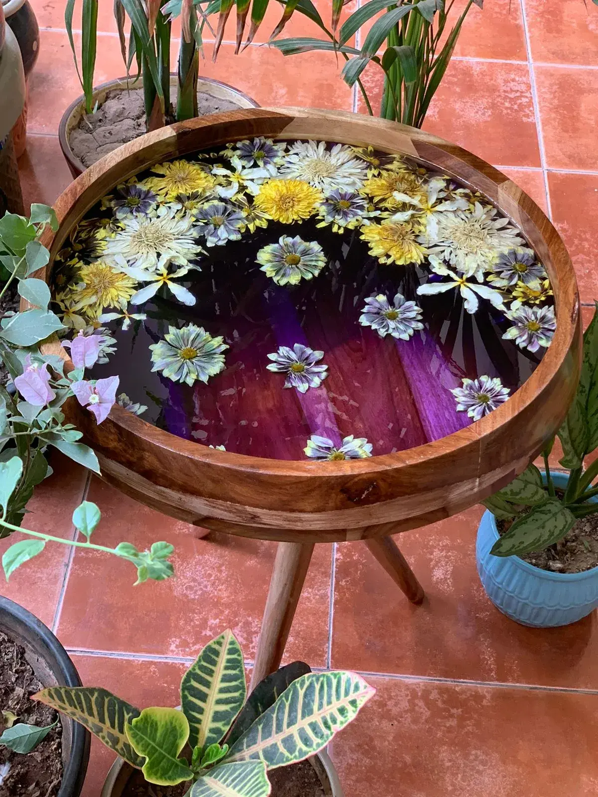 ‘Purple Daisy’ Round Solid Wood Side Table | Mohanima